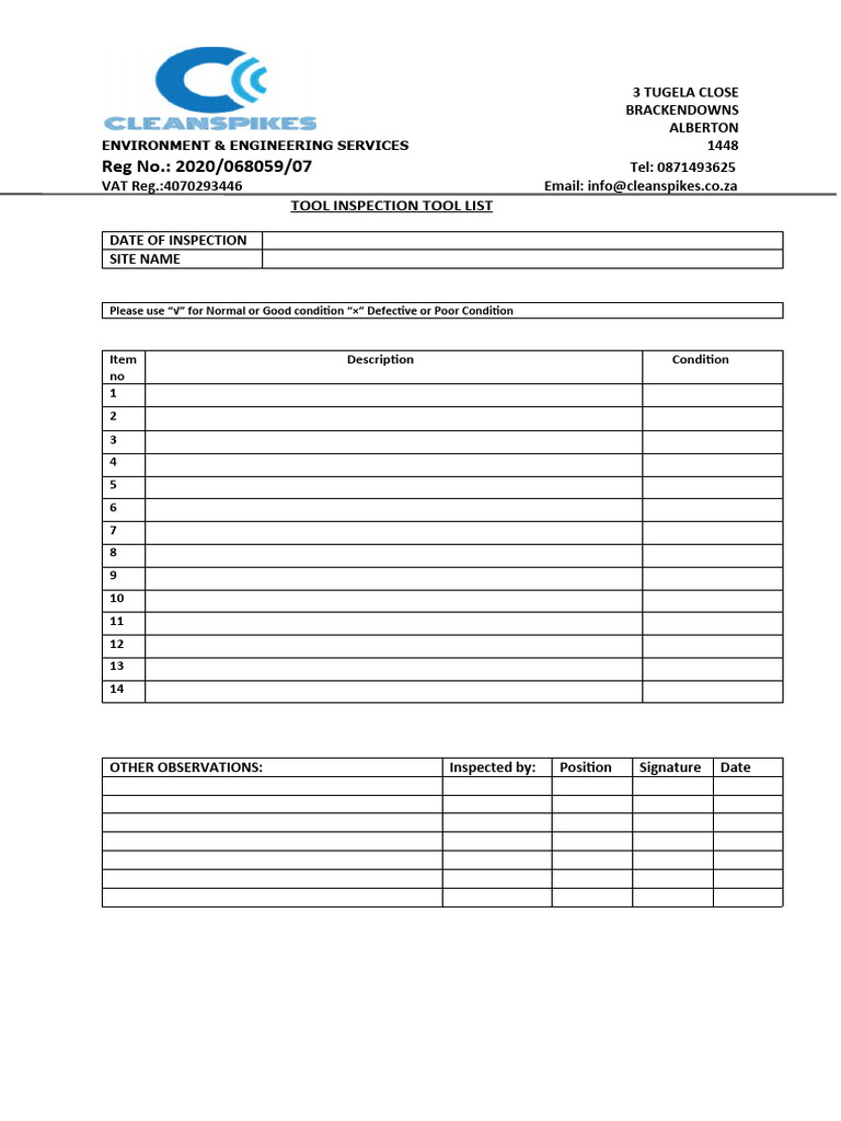 Tool Inspection List | PDF