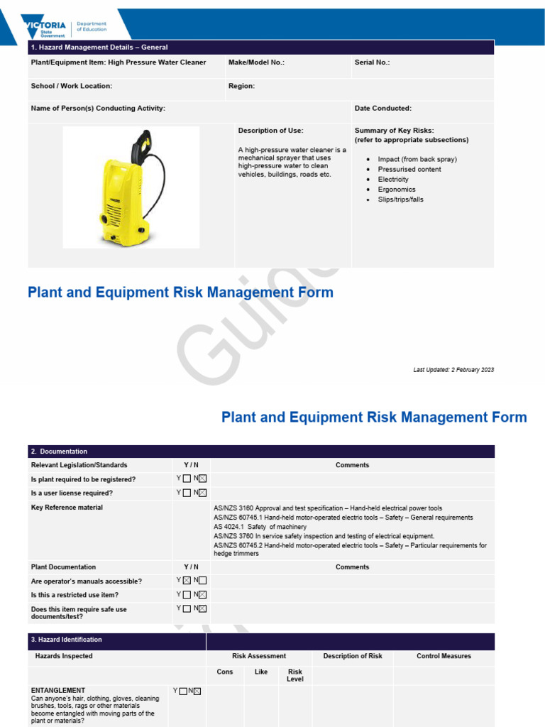 Plant and Equipment Risk Management Form: Plant/Equipment Item: High Pressure Water Cleaner Make ...