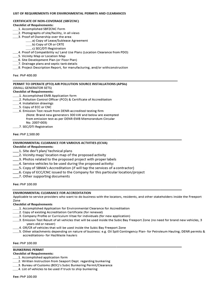 List of Requirements For Environmental Permits and Clearances | PDF