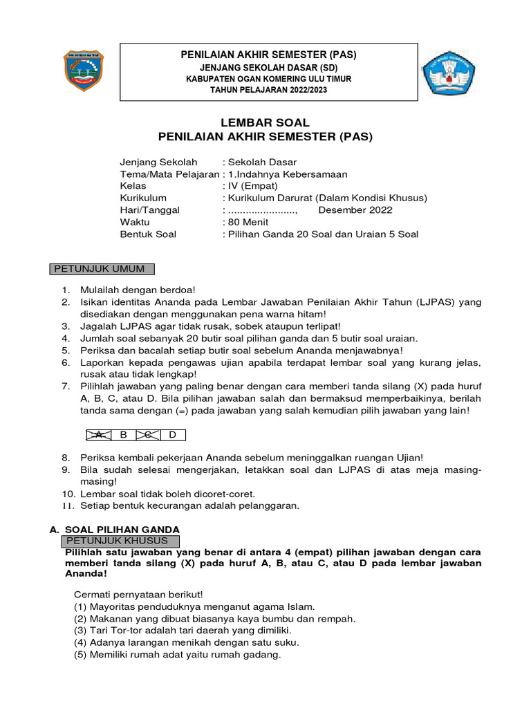 Form Lembar Soal Kelas 4 Tema 1 Kurikulum Darurat | PDF