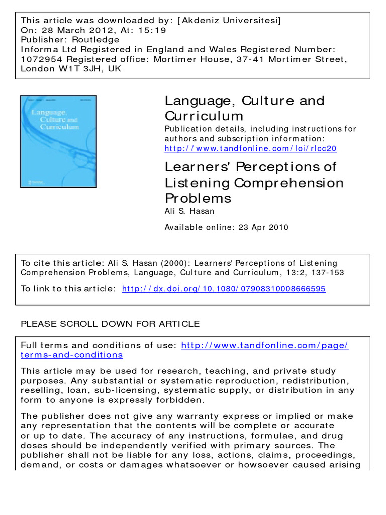 Learners' Perceptions of Listening Comprehension Problems | Download Free PDF | Second Language ...