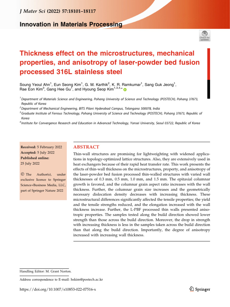 Thickness Effect On The Microstructures, Mechanical Properties, and Anisotropy of Laser-Powder ...