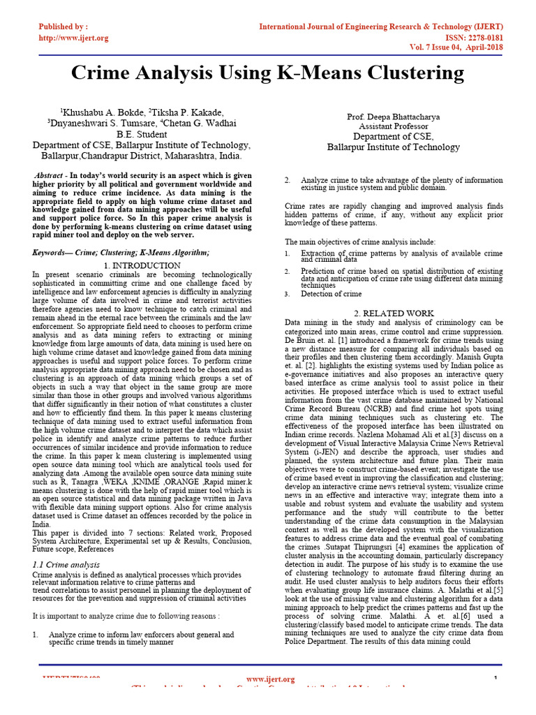 Crime Analysis Using K Means Clustering IJERTV7IS040099 | PDF | Technology & Engineering