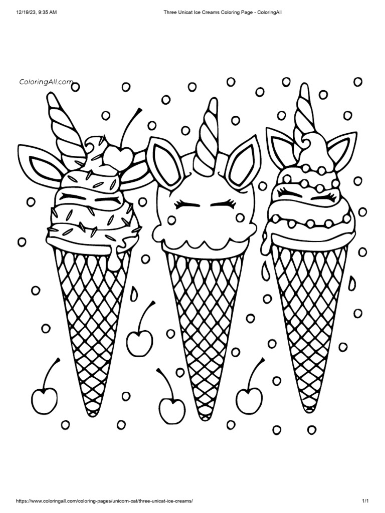 Three Unicat Ice Creams Coloring Page - ColoringAll | PDF