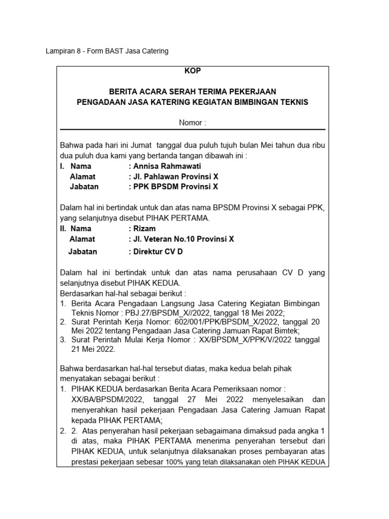 8 - Lampiran 8 - Form BAST Jasa Katering | PDF