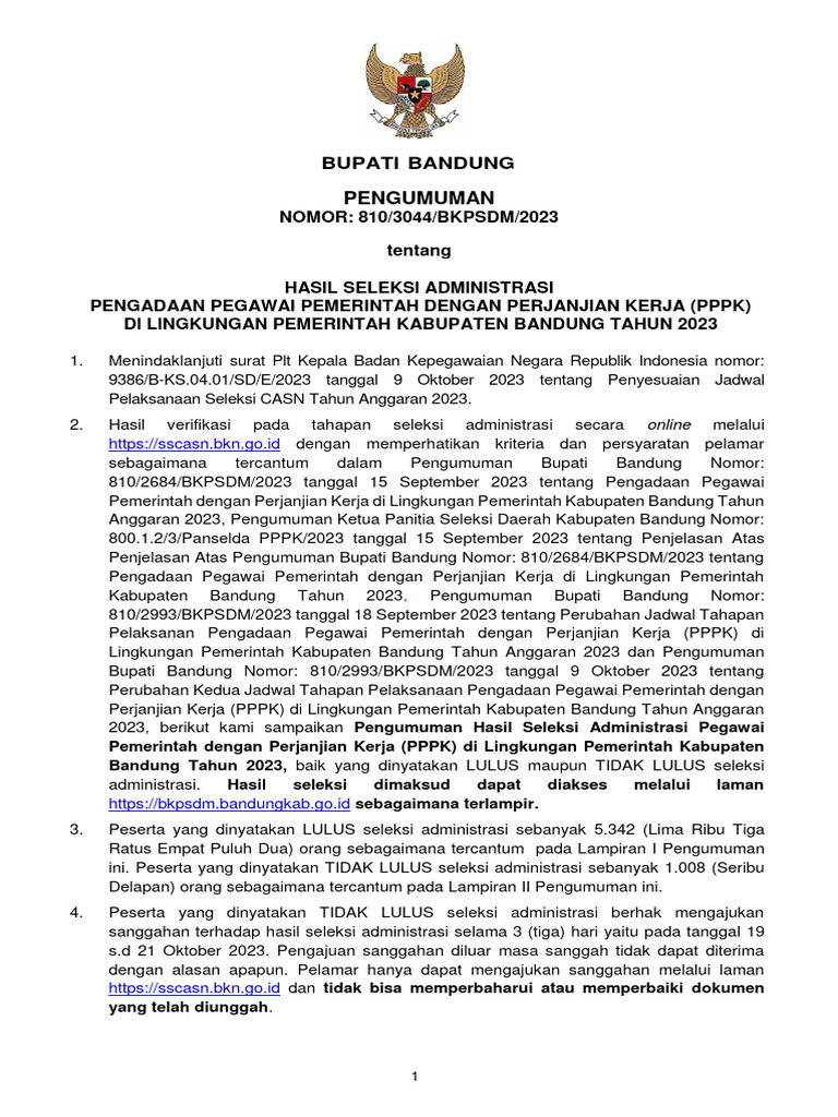 Pengumuman Hasil Seleksi Administrasi Pra Sanggah PPPK Tahun 2023 Fix | PDF