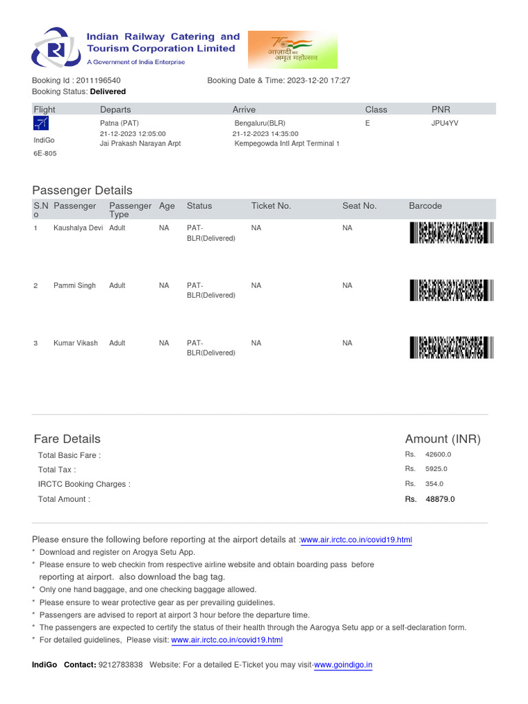 IndiGo Flight Ticket Confirmation 6E-805 | PDF | Transport