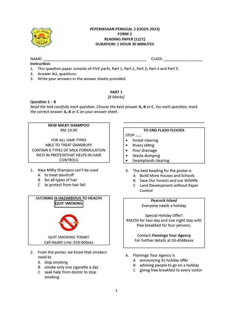 Form 2 English Reading Exam 2023 | PDF
