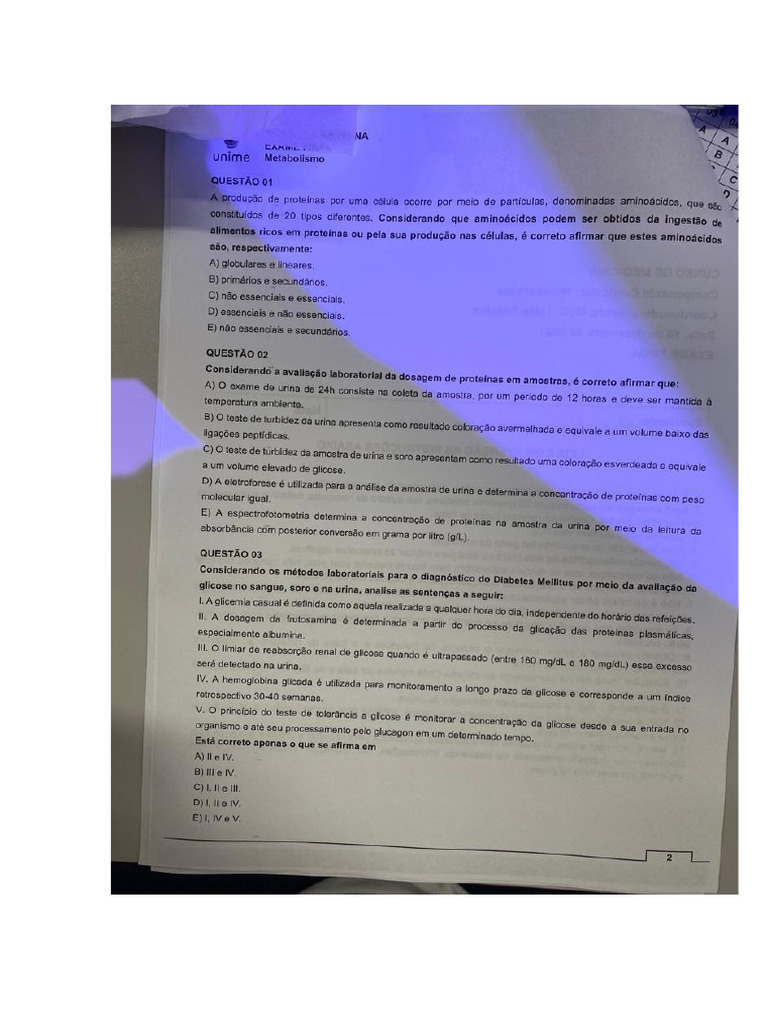 Prova Final Metabolismo | PDF
