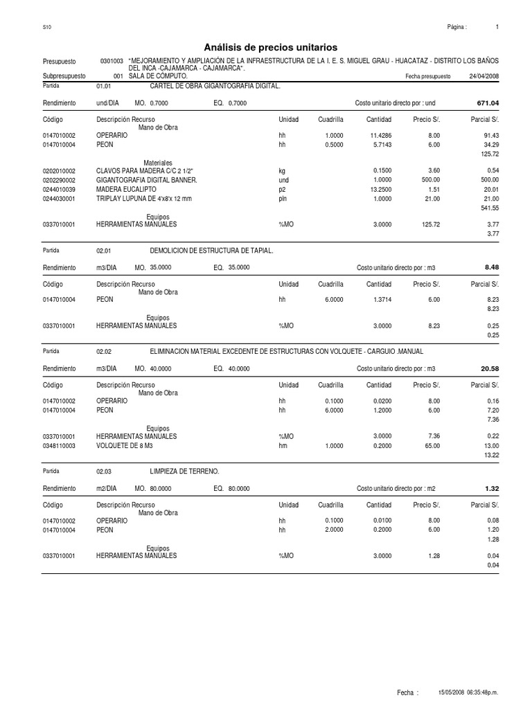 Precios Unitarios - Sala de Cómputo. | PDF | Hormigón | edificio