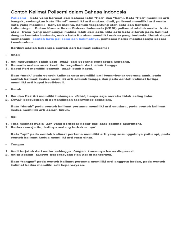 Contoh Kalimat Polisemi, Homograf, Homopon | PDF