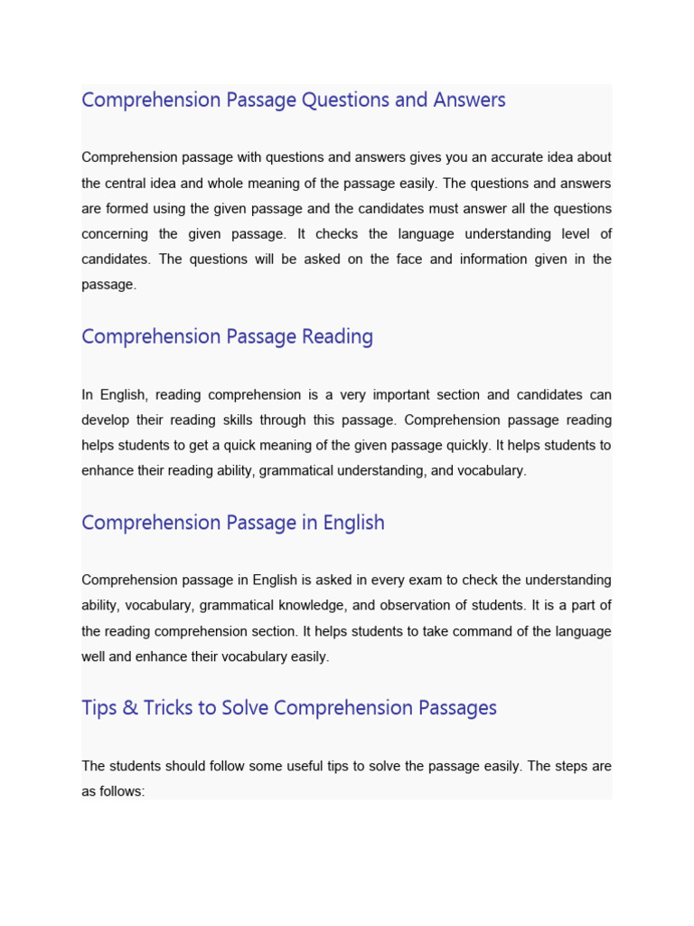 Comprehension Passage Questions and Answers | PDF | Language Arts ...