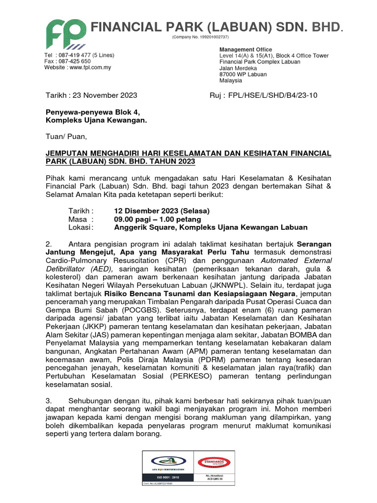 Surat Jemputan Kepada Penyewa Blok 4 (Hari Keselamatan Dan Kesihatan FPL 2023) | PDF