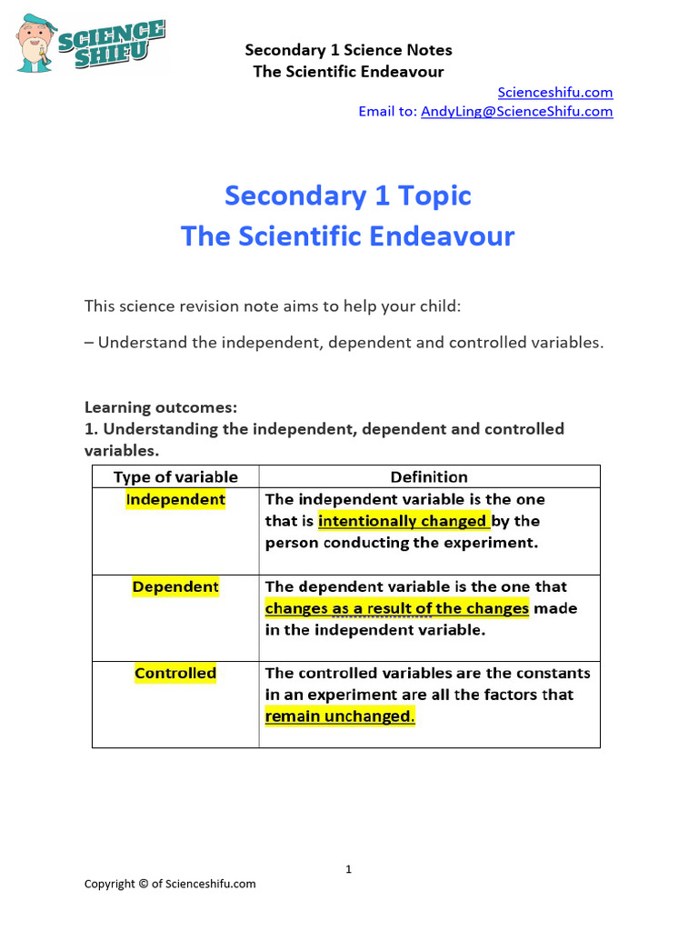 Scienceshifu Notes - Secondary 1 Scientific Endeavour Topic | PDF