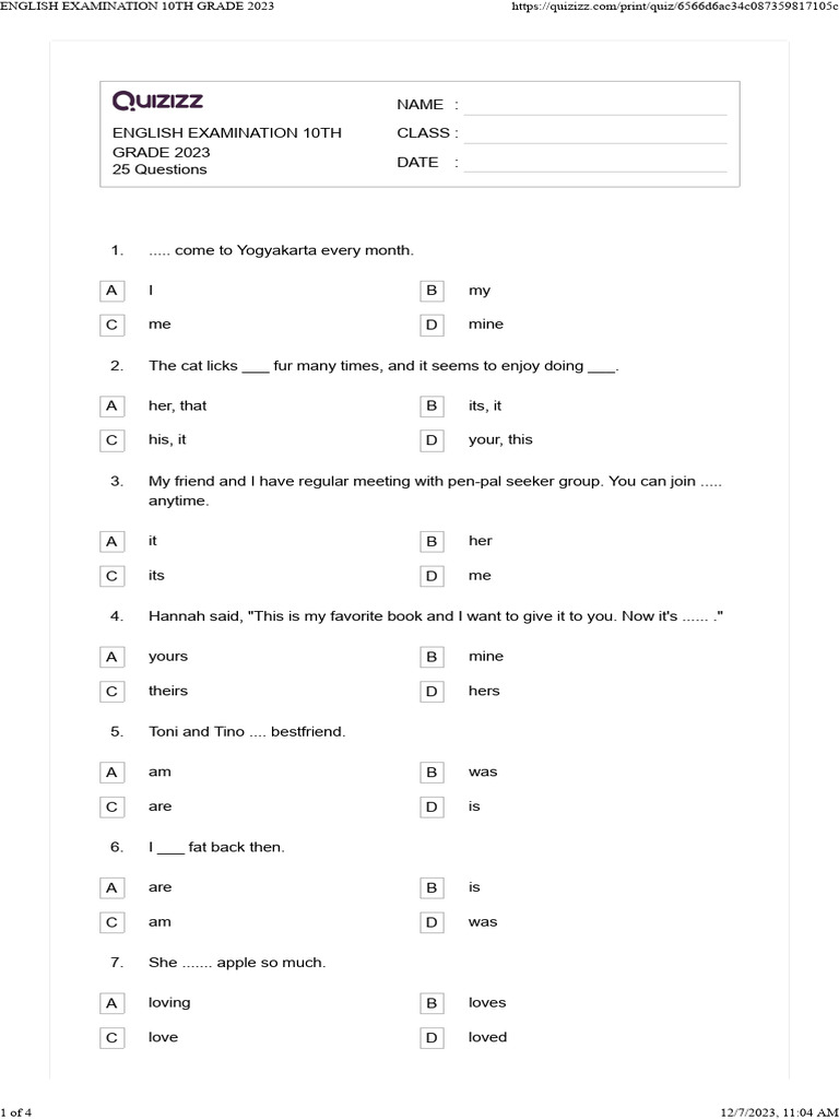 10th Grade English Exam 2023 | PDF