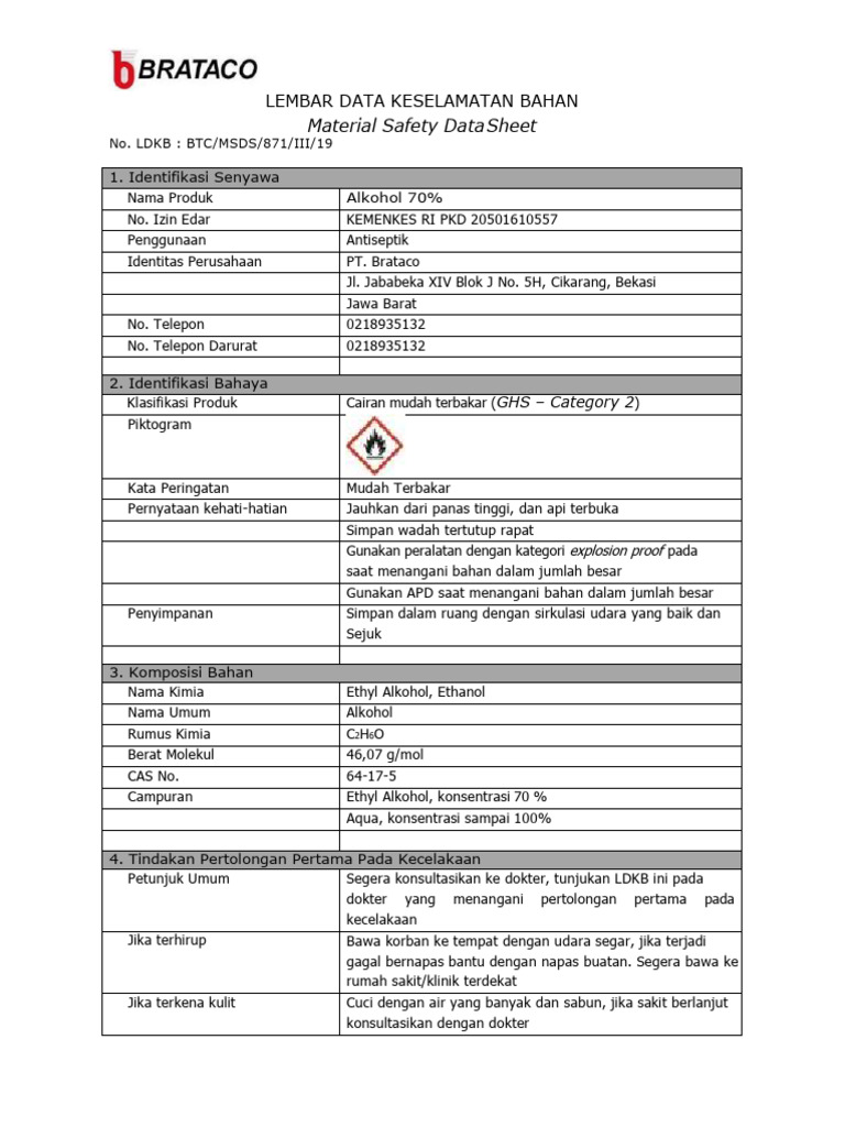 Brataco - MSDS - Alkohol 70 | PDF