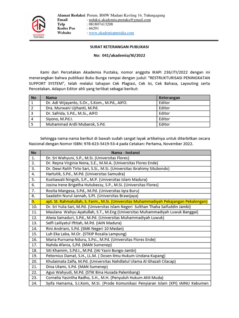 Surat Keterangan Publikasi Buku Rahma | PDF