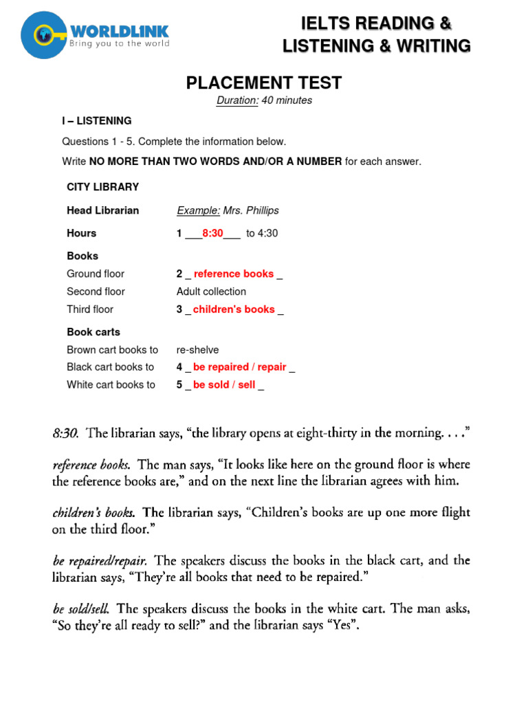 Ielts Placement Test Keys - Reading + Listening + Writing | PDF ...