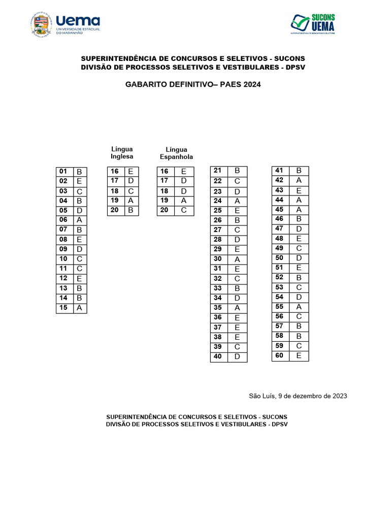 Provas e Gabaritos Paes Uema 2024 | PDF