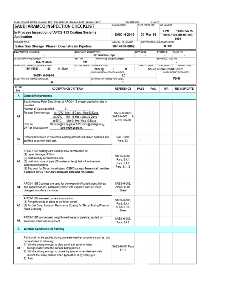 Saudi Aramco Inspection Checklist: In-Process Inspection of APCS-113 Coating Systems Application ...