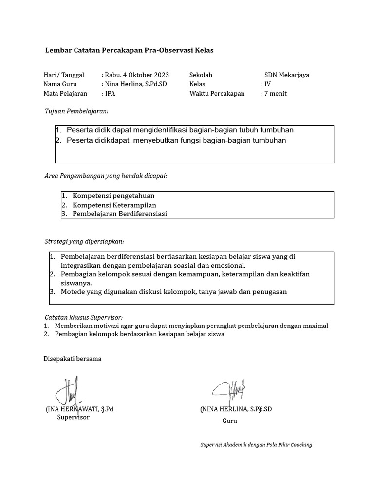 Lembar Catatan Rangkaian Supervisi Akademik | PDF