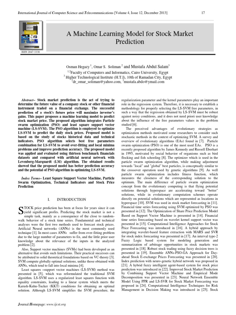 A Machine Learning Model For Stock Market | Download Free PDF | Support Vector Machine | Algorithms