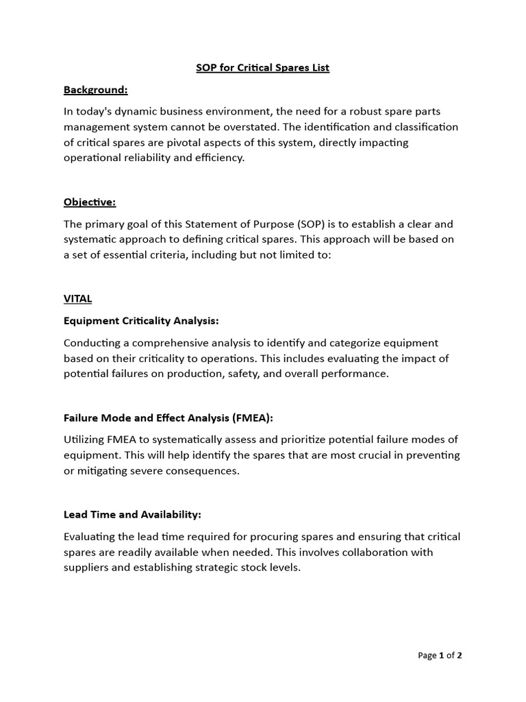 SOP For Critical Spares List | PDF