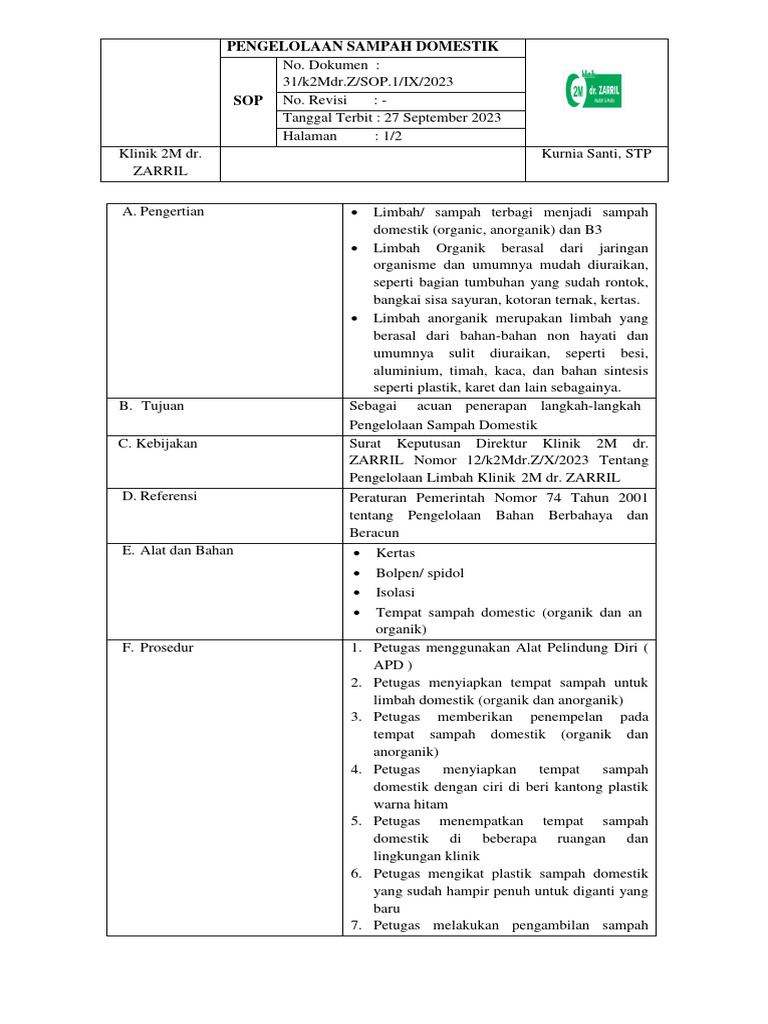 Sop Pengelolaan Sampah Domestik | PDF