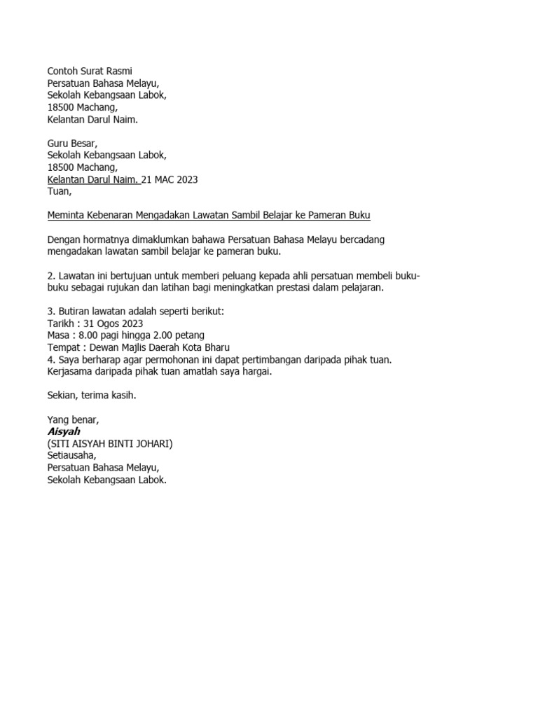 Surat Rasmi - Mohon Kebenaran Membuat Lawatan | PDF