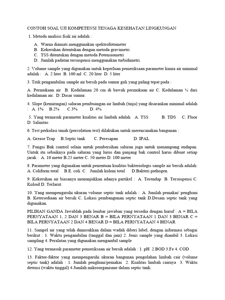 Contoh Soal Uji Kompetensi Tenaga Kesehatan Lingkungan | PDF