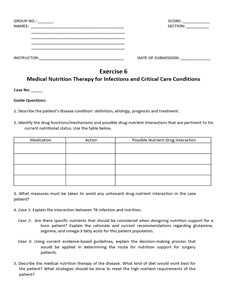Exercise 6 Worksheet MNT For Infections and Critical Care Conditions ...