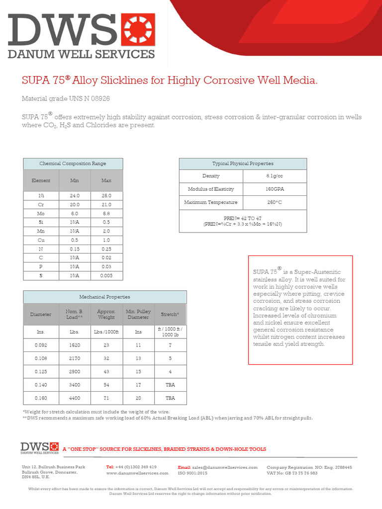 Dws Info Supa 75 Slicklines For Highly Corrosive Well Conditions | PDF