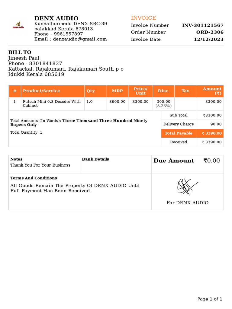 DENX AUDIO Invoice for Futech Decoder | PDF