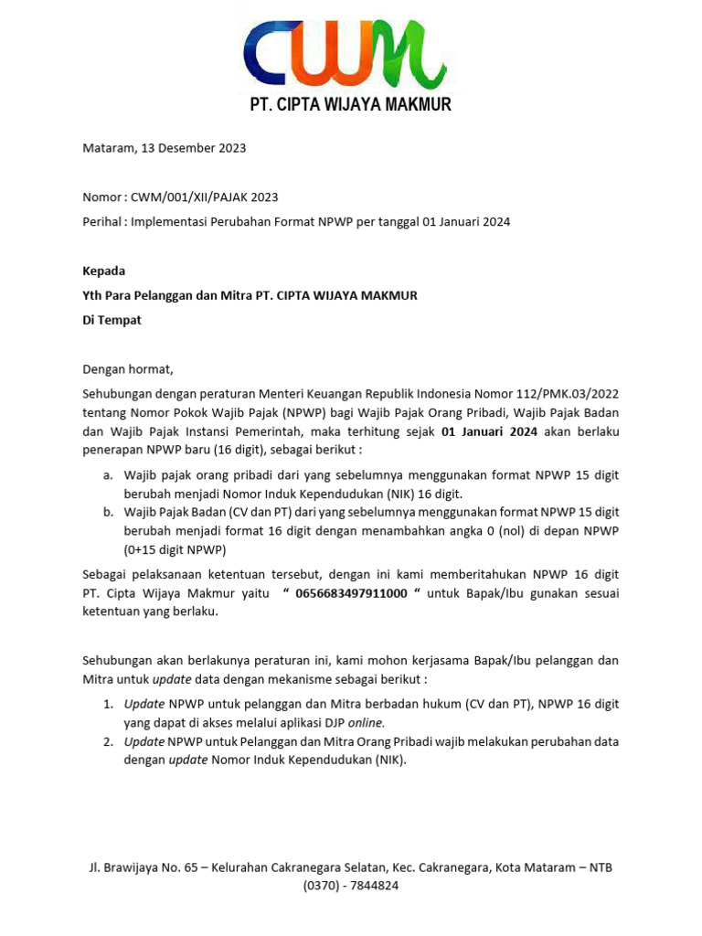 Surat Edaran Pemadanan NPWP CWM | PDF
