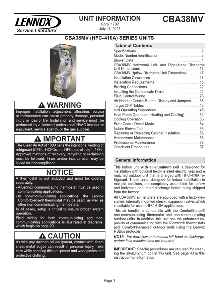 CBA38MV Air Handler Maintenance Manual | PDF | Thermostat | Fuse ...