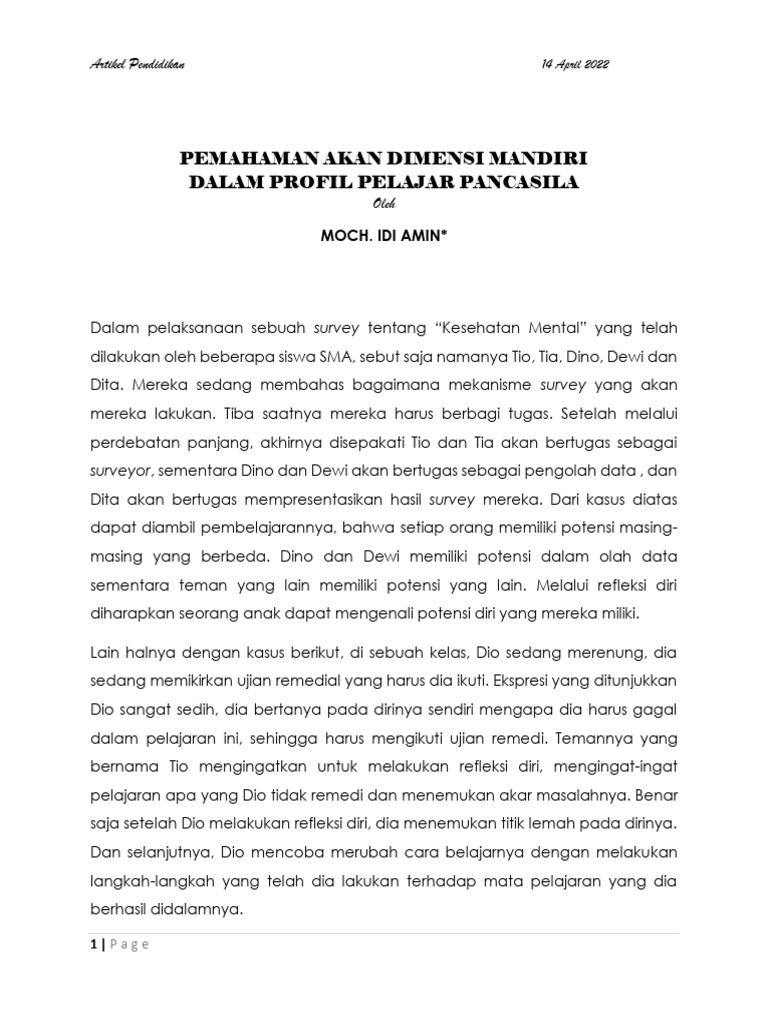 Pemahaman Dimensi Mandiri Dalam Pelajar Pancasila - Moch. Idi Amin | PDF | Karier & Perkembangan