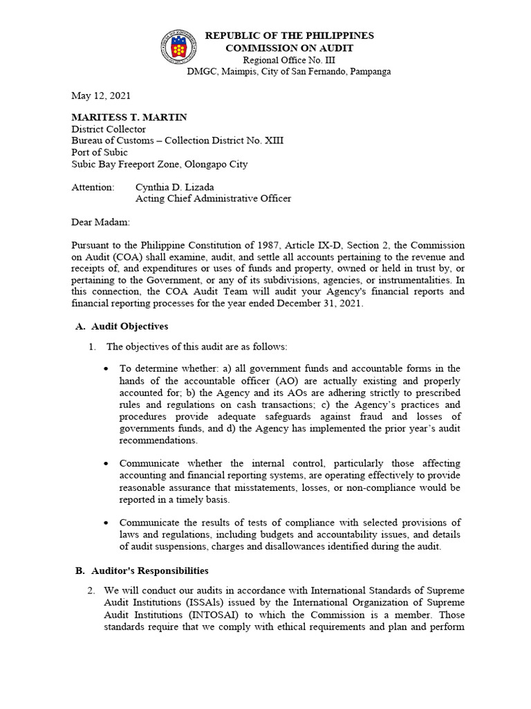 Engagement Letter BOC Subic | PDF | Audit | Internal Control