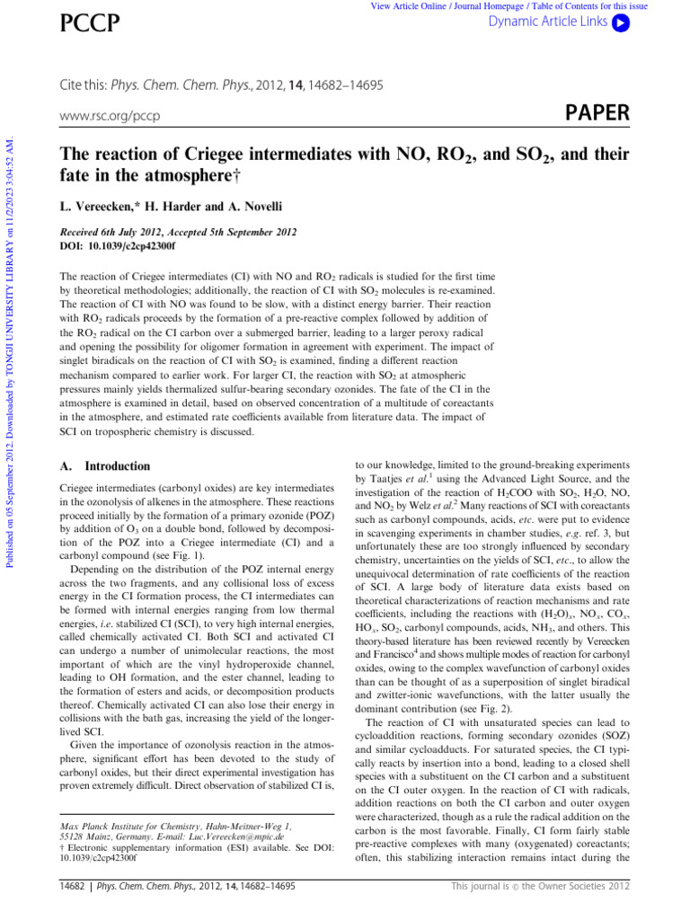The Reaction of Criegee Intermediates With NO, RO, and SO, and Their ...