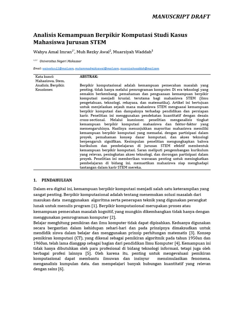 Analisis Kemampuan Berfikir Komputasi Studi Kasus Mahasiswa Jurusan STEM Kelompok 5 | PDF
