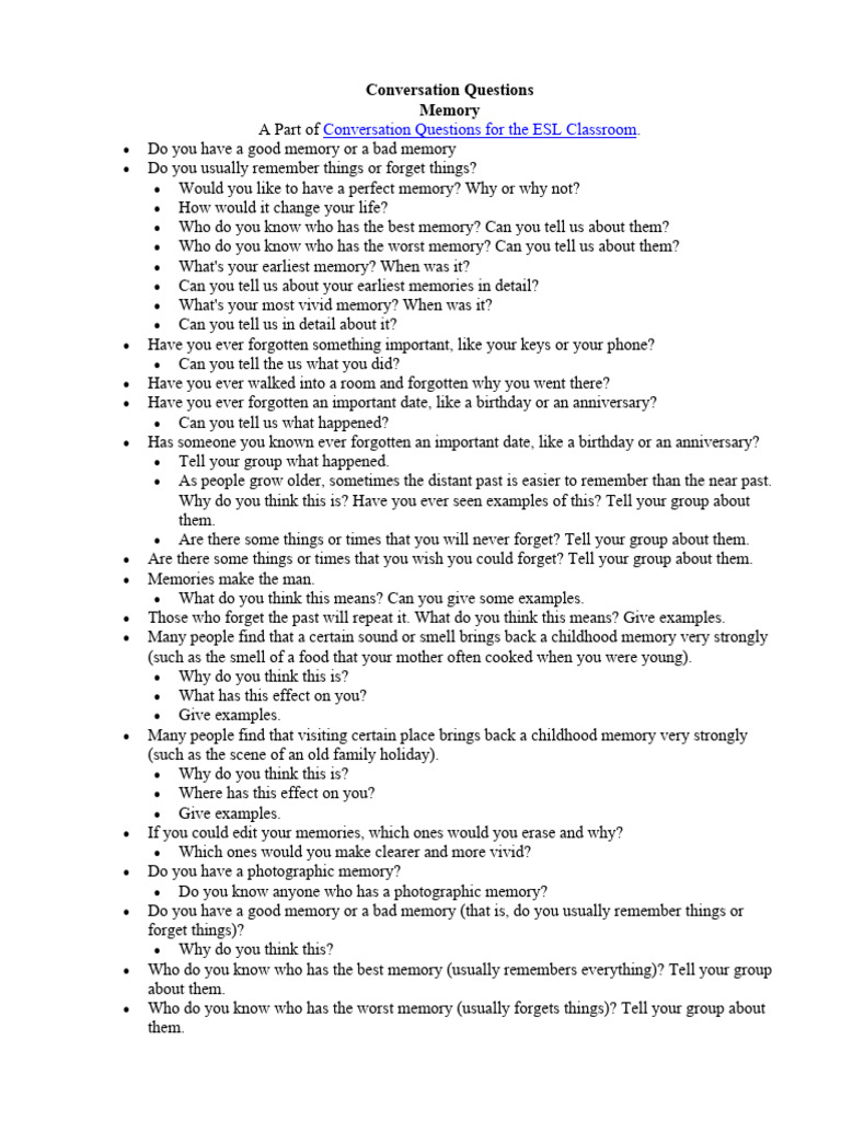Conversation Questions Memory | PDF | Memory | Neuroscience