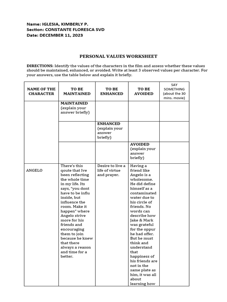 Personal Values Worksheet | PDF