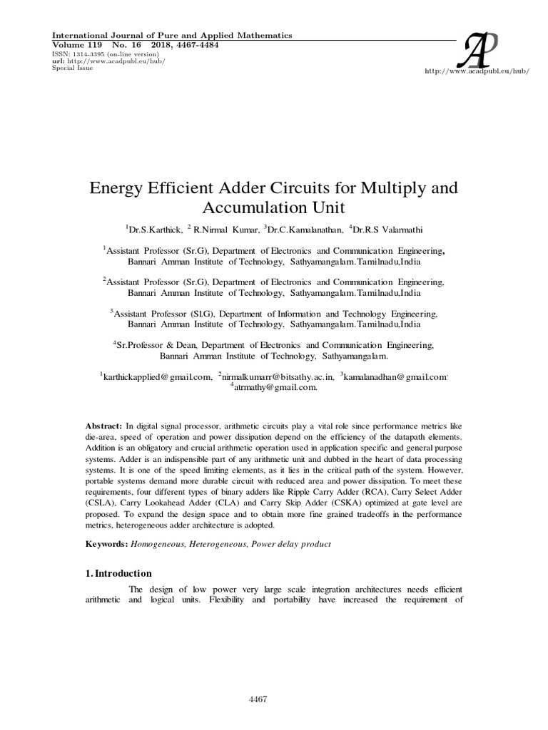 Energy Efficient Adder Circuits For Multiply and Accumulation Unit ...