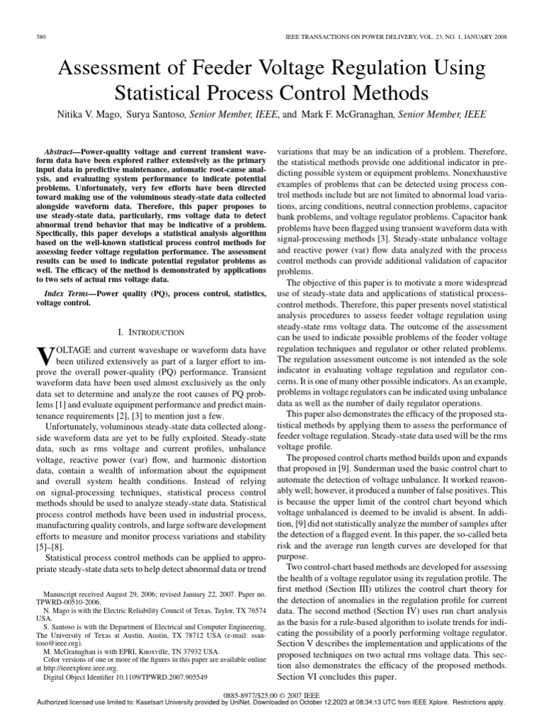 Assessment of Feeder Voltage Regulation Using Statistical Process ... Assessment of Feeder Voltage Regulation Using Statistical Process ...