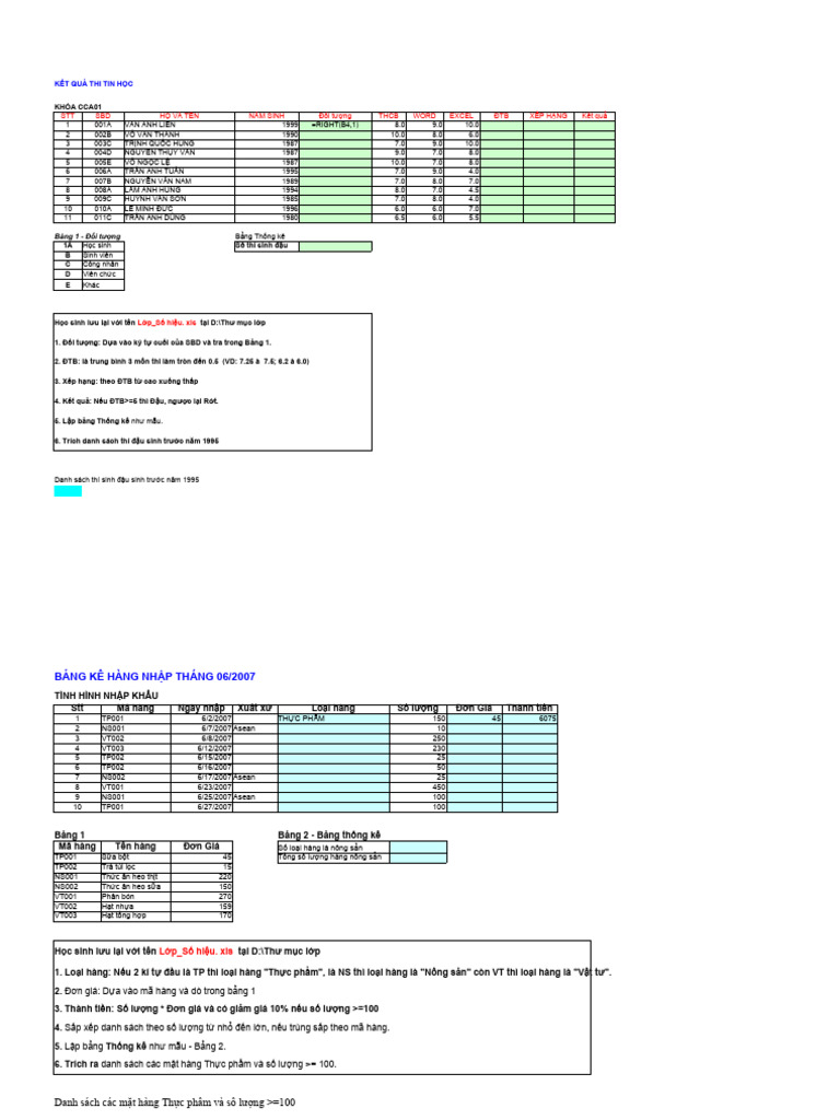 15 de On Tap Excel Hoc Sinh | PDF