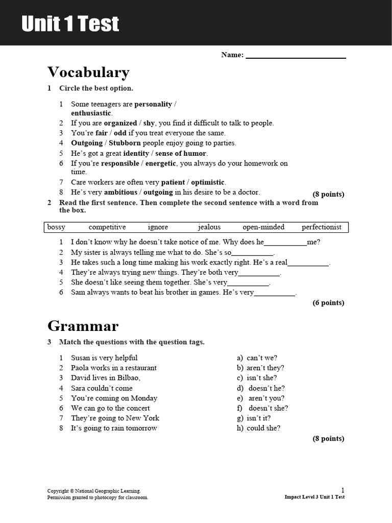 Impact Level 3 Unit 1 Test 0 | PDF