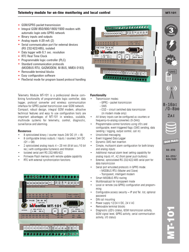 Inventia Datasheet MT-101 | PDF | General Packet Radio Service | Programmable Logic Controller
