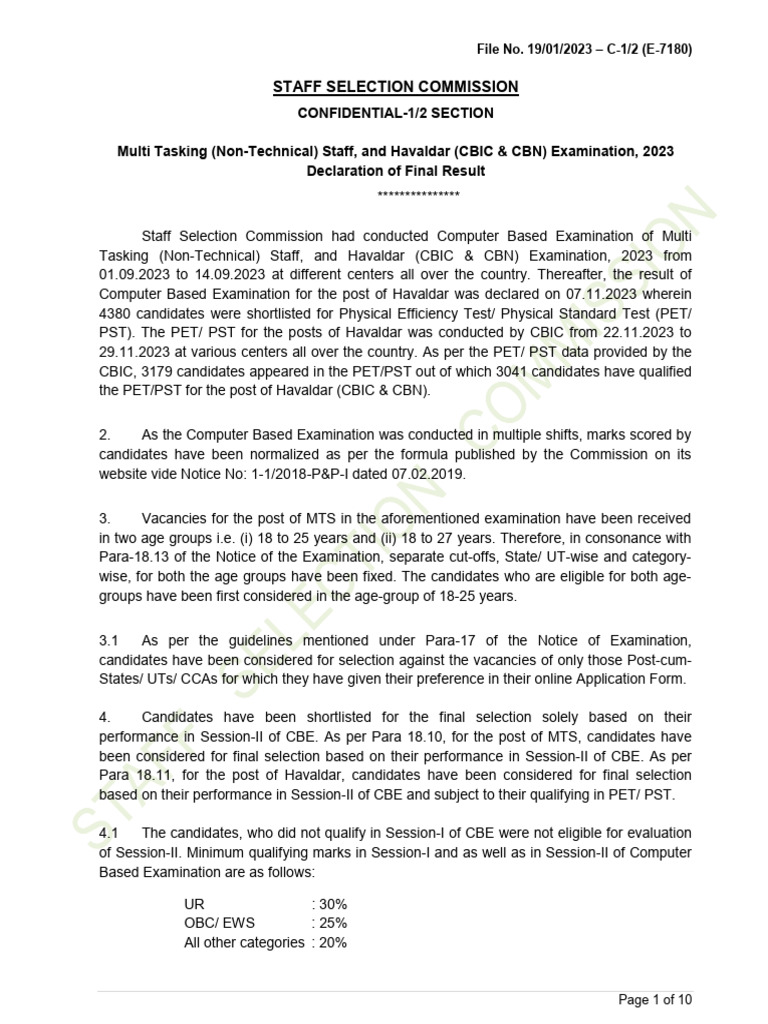 Final Results: MTS & Havaldar Exam 2023 | PDF | Asia | Government