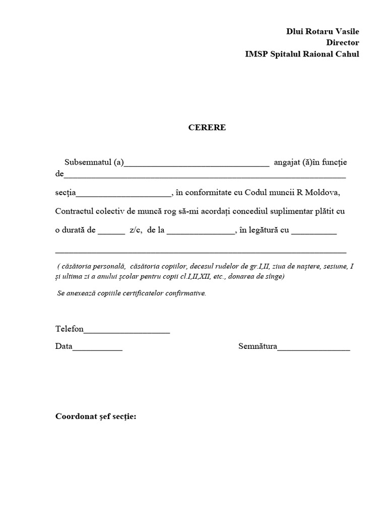 Model Cerere Concediu Suplimentar Platit | PDF