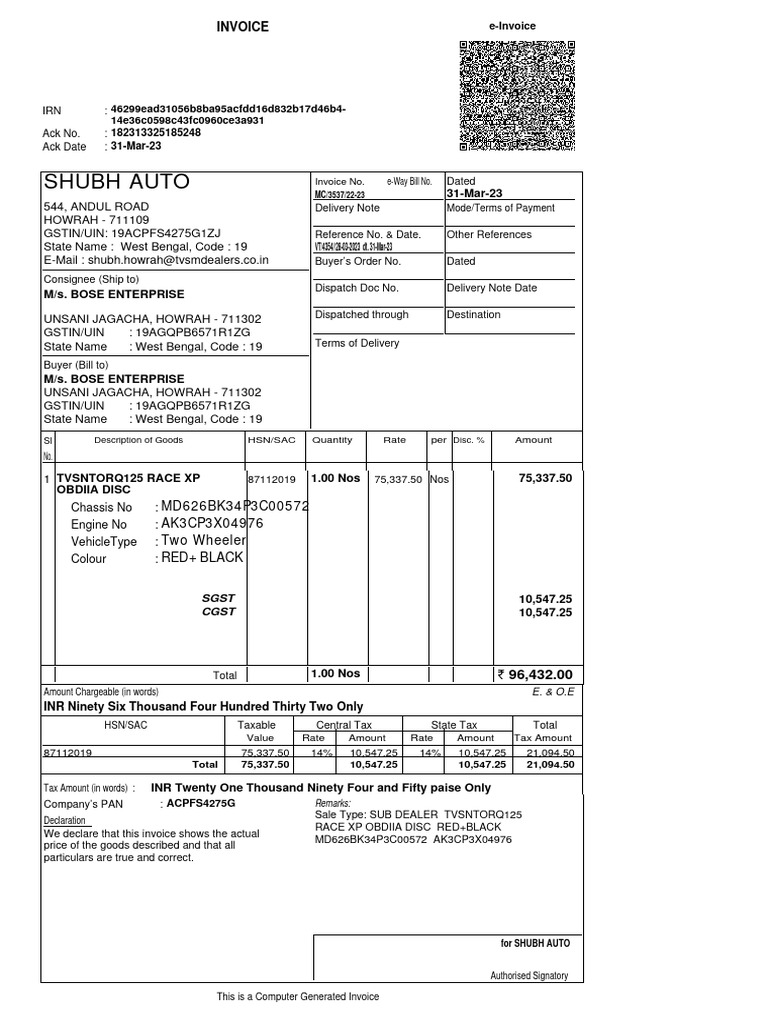 Shubh Auto: Invoice | PDF
