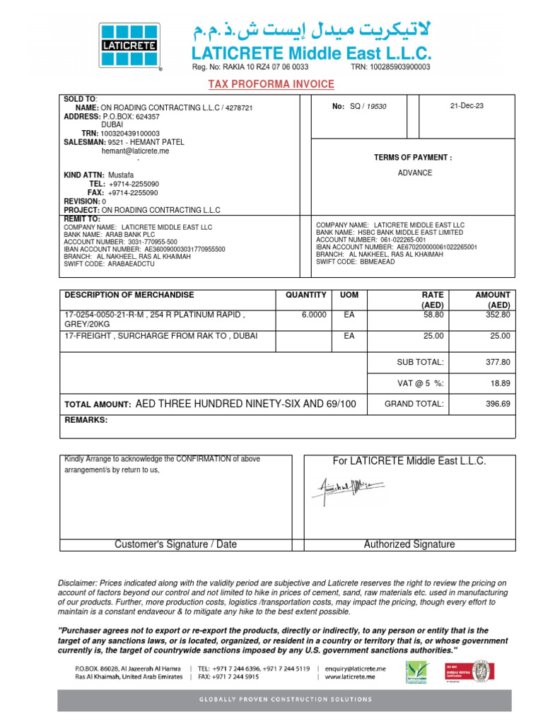 On Roading Contracting L.L.C Proforma Invoice 19530 | PDF | Payments ...